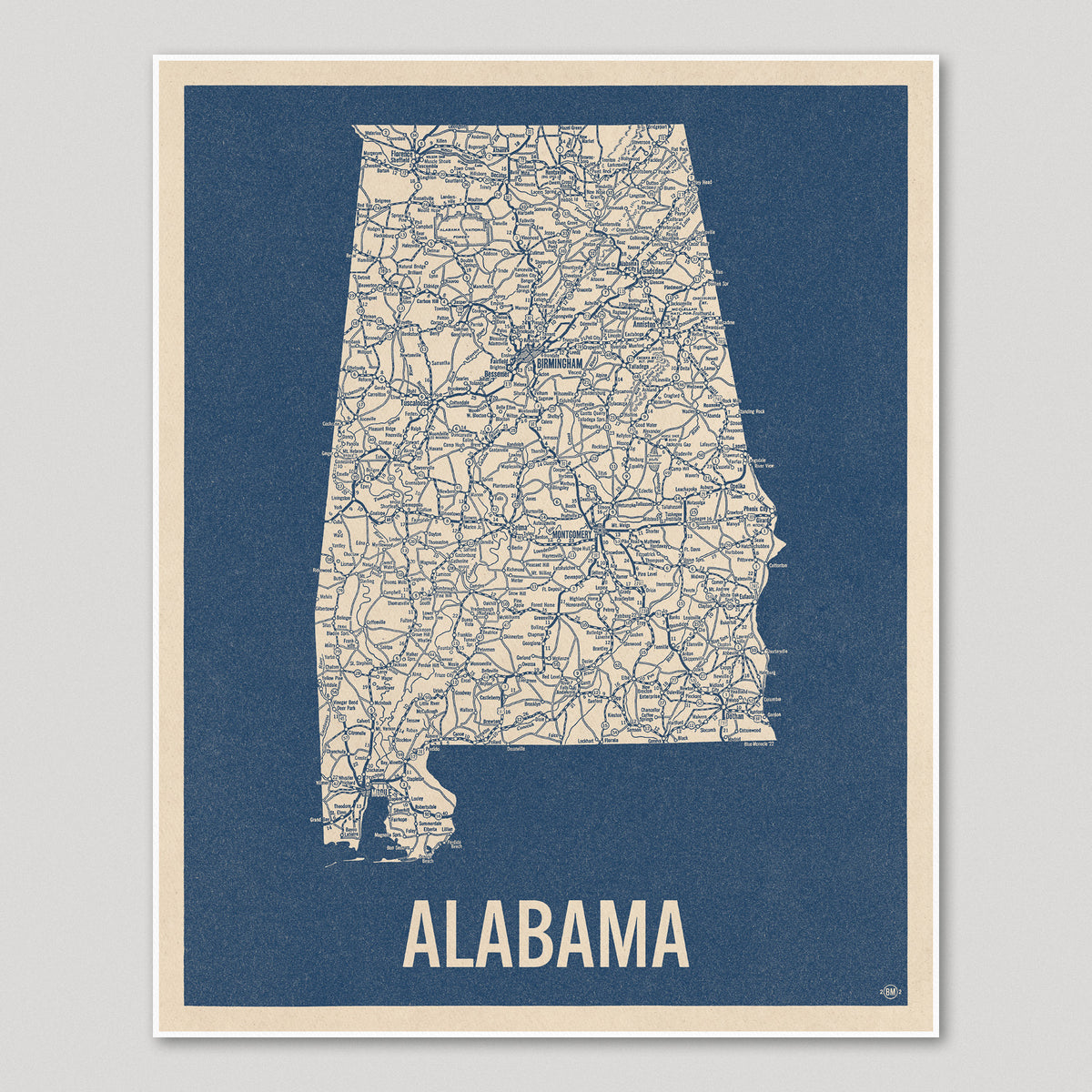 Alabama Vintage Road Map, Blue on Beige #2 – Blue Monocle Maps