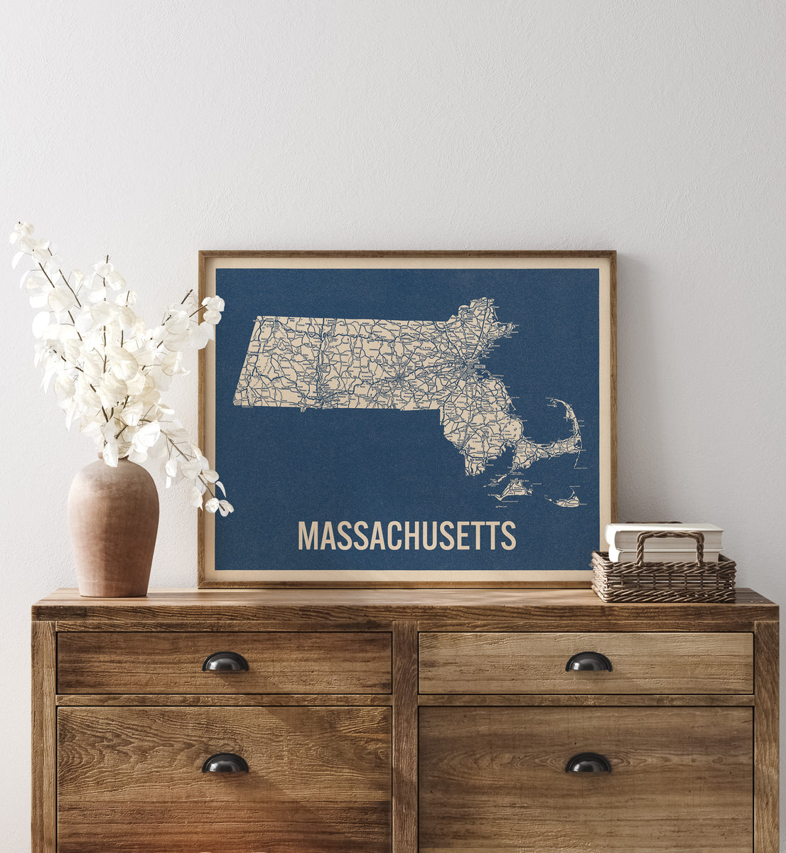 Massachusetts Vintage Road Map, Blue on Beige #2 – Blue Monocle Maps