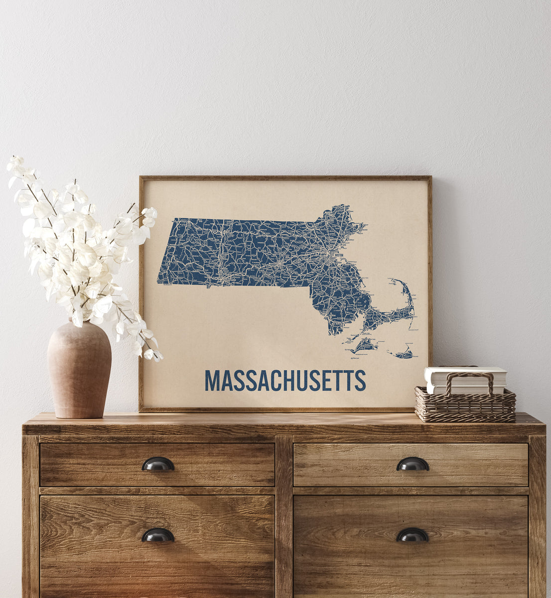 Massachusetts Vintage Road Map, Blue on Beige #1 – Blue Monocle Maps
