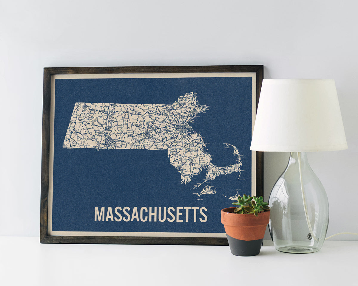Massachusetts Vintage Road Map, Blue on Beige #2 – Blue Monocle Maps