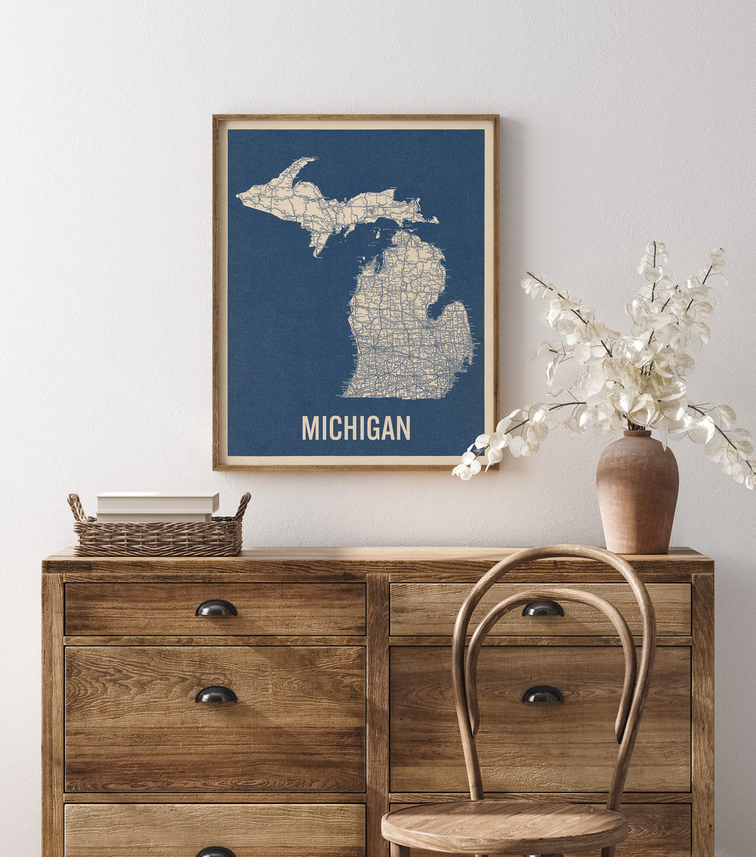 Michigan Vintage Road Map, Blue on Beige #2 – Blue Monocle Maps