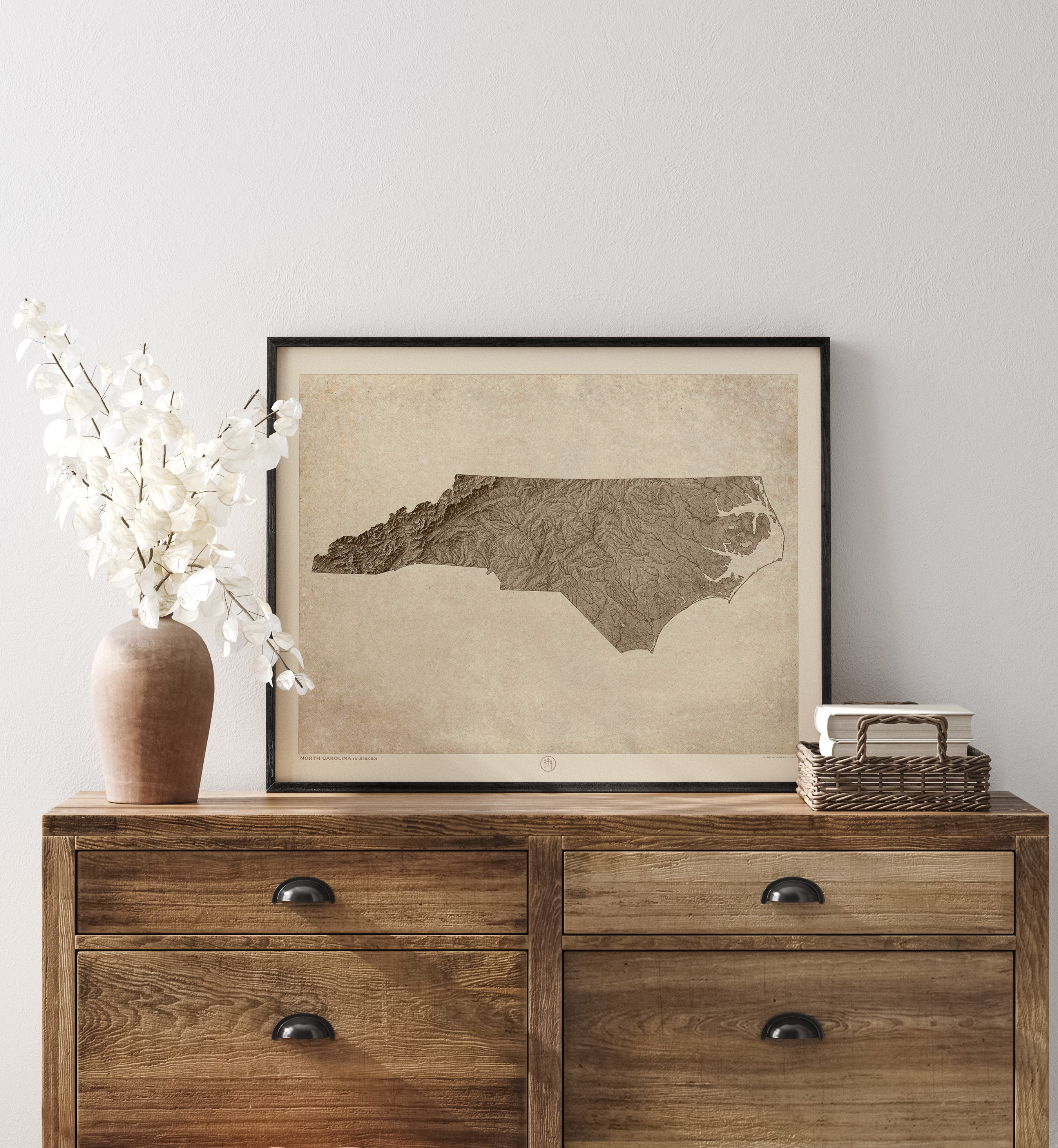 North Carolina Relief Map Art Print, Sepia, Vintage Style – Blue ...