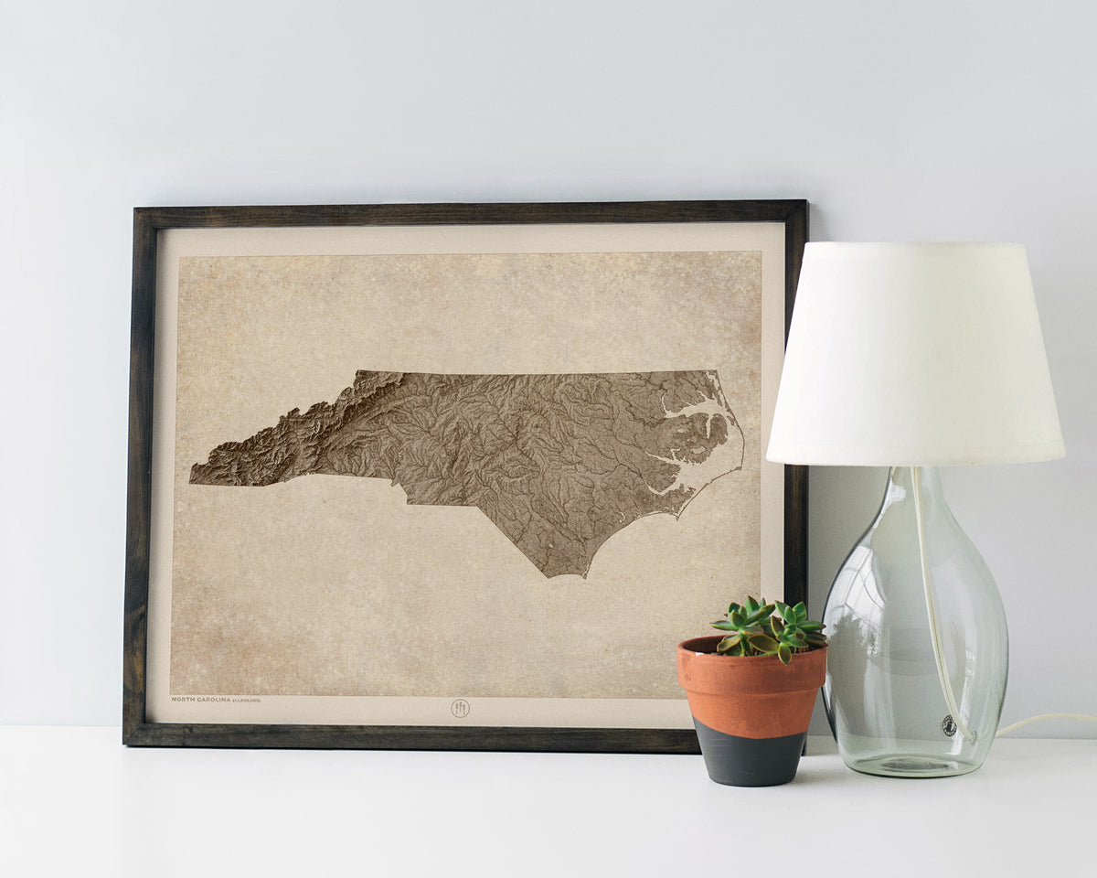 North Carolina Relief Map Art Print, Sepia, Vintage Style – Blue ...