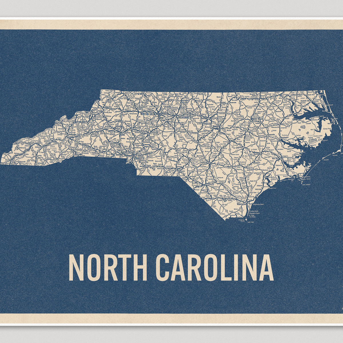 North Carolina Vintage Road Map, Blue on Beige #2 – Blue Monocle Maps