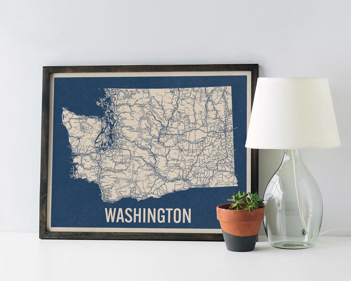 Washington State Vintage Road Map, Blue on Beige #2 – Blue Monocle Maps