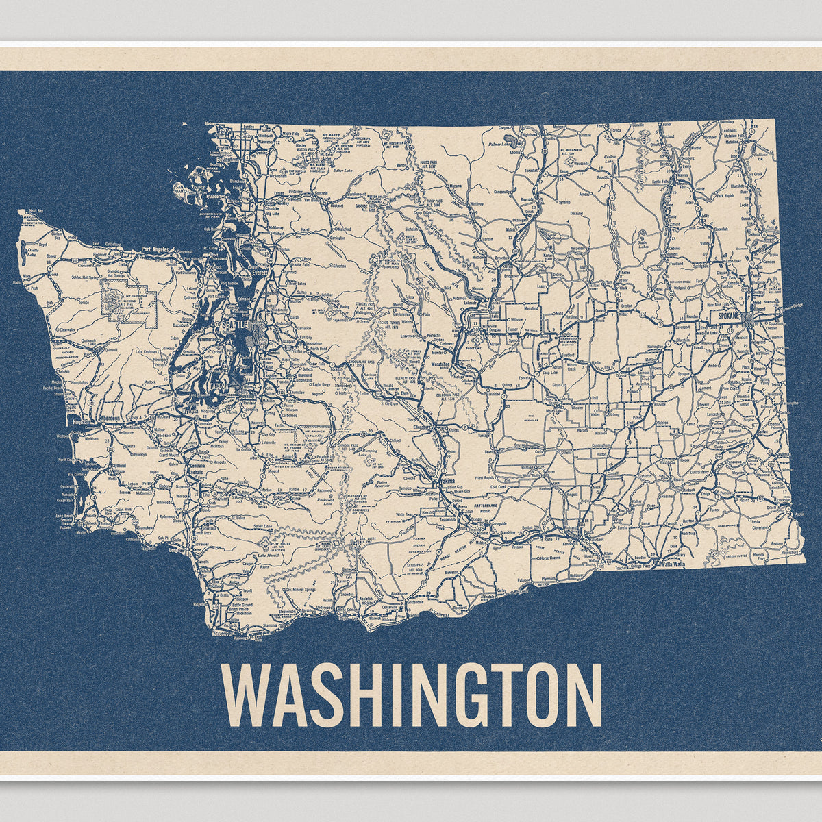 Washington State Vintage Road Map, Blue on Beige #2 – Blue Monocle Maps
