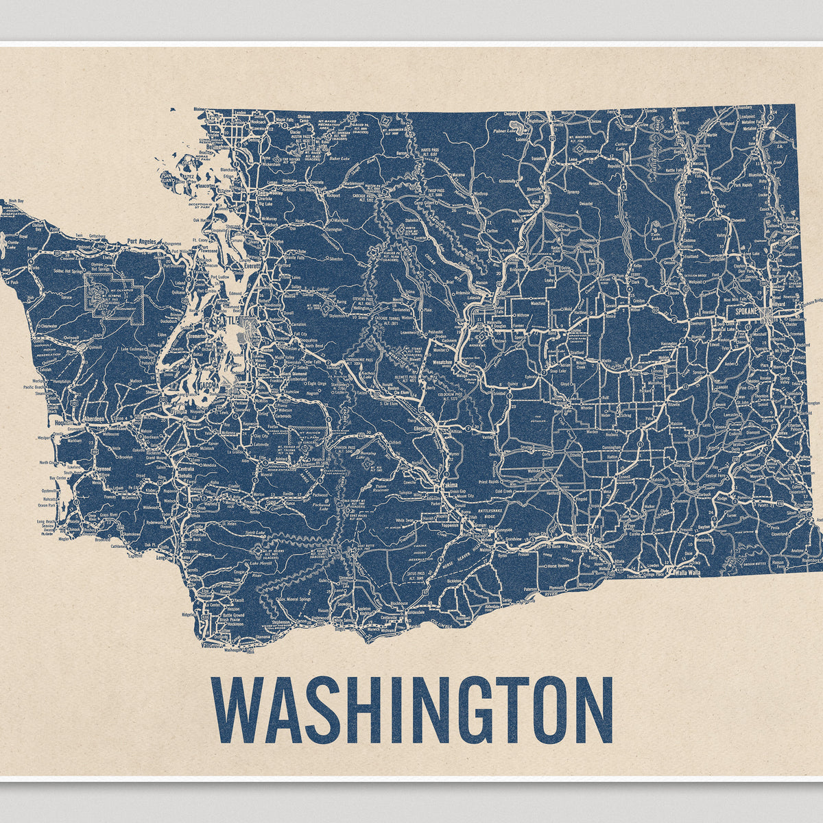 Washington State Vintage Road Map, Blue on Beige #1 – Blue Monocle Maps