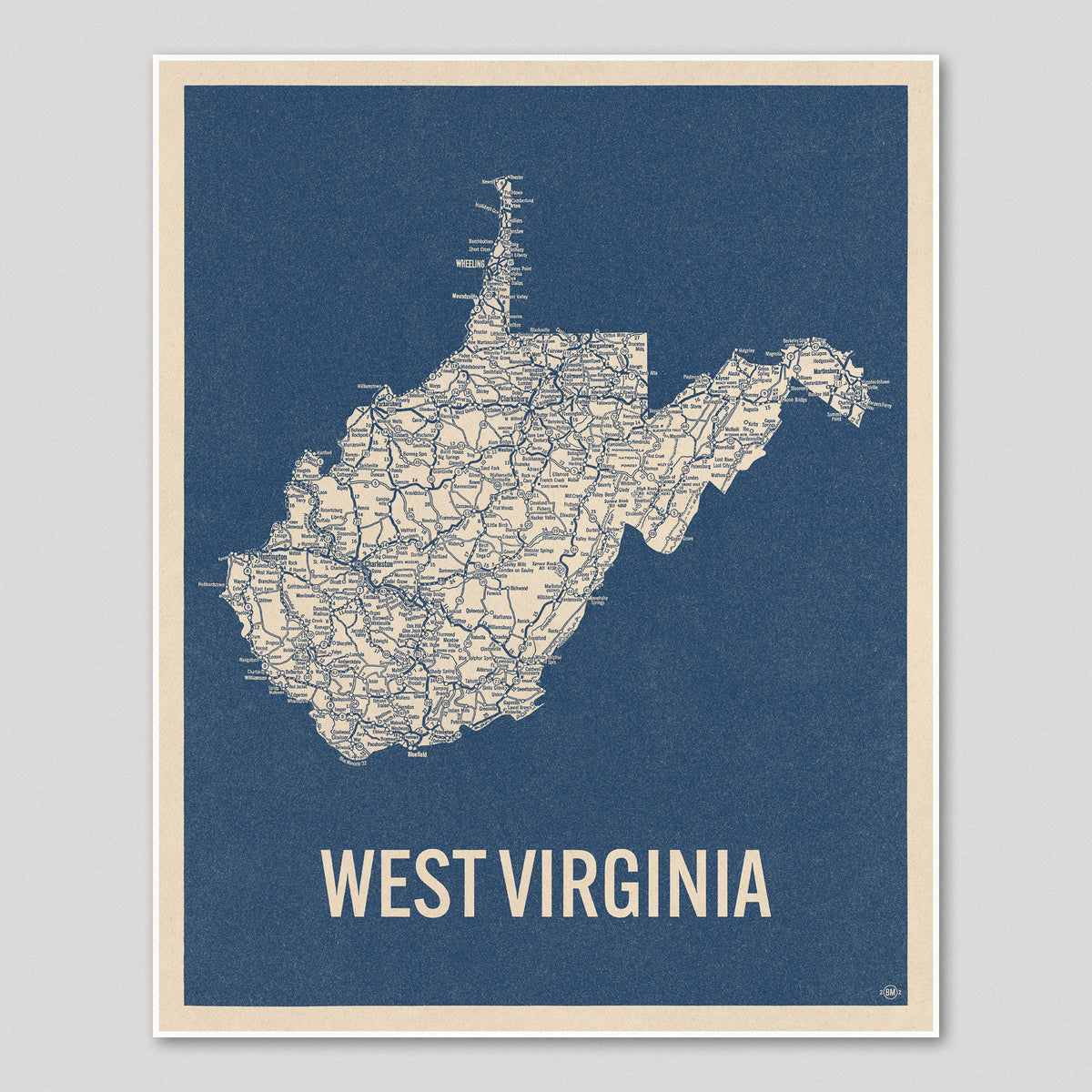 West Virginia Vintage Road Map, Blue on Beige #2 – Blue Monocle Maps