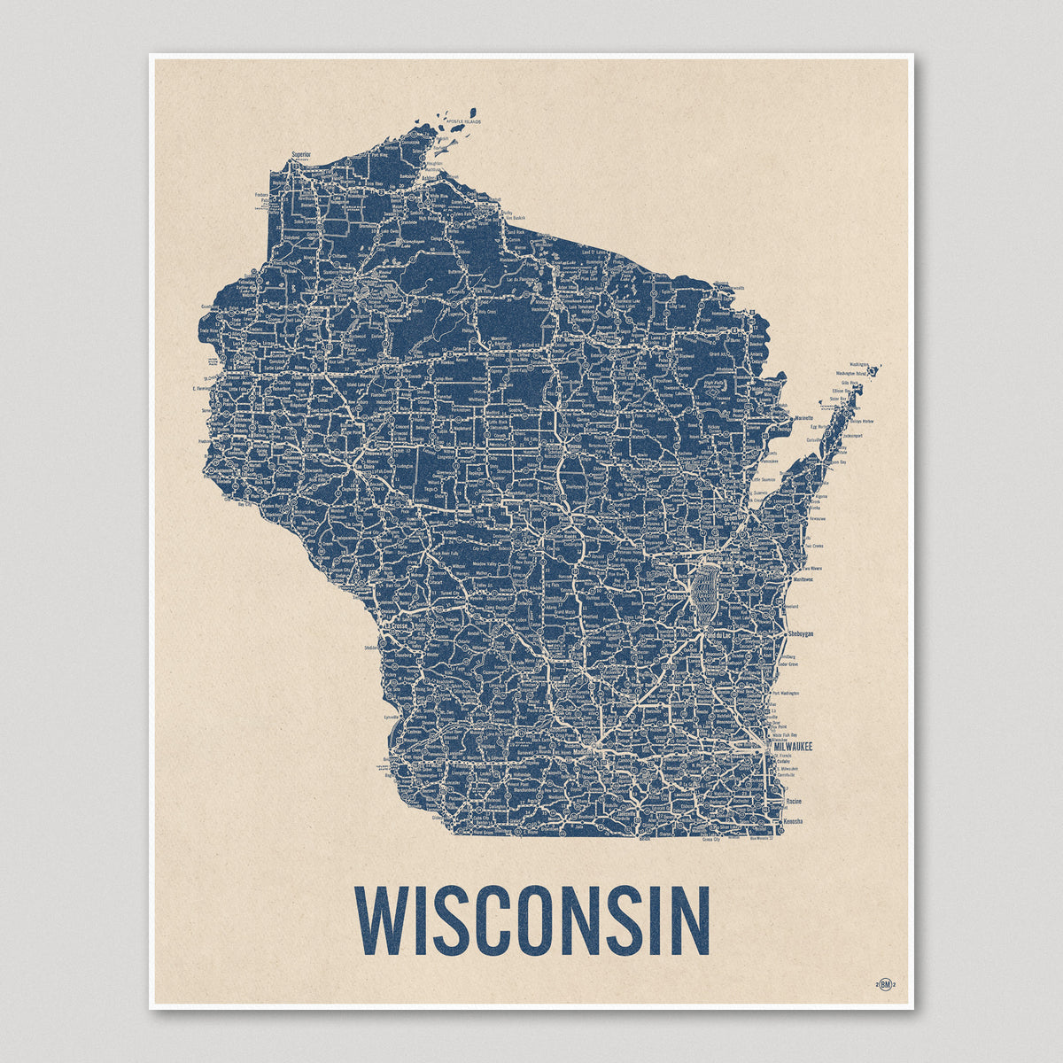 Wisconsin Vintage Road Map, Blue on Beige #1 – Blue Monocle Maps