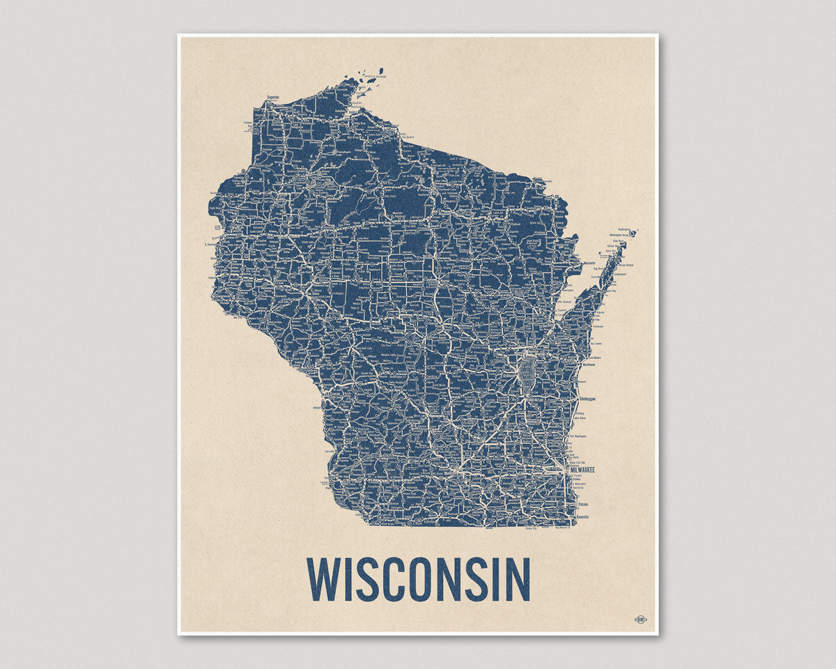 Wisconsin Vintage Road Map, Blue on Beige #1 – Blue Monocle Maps