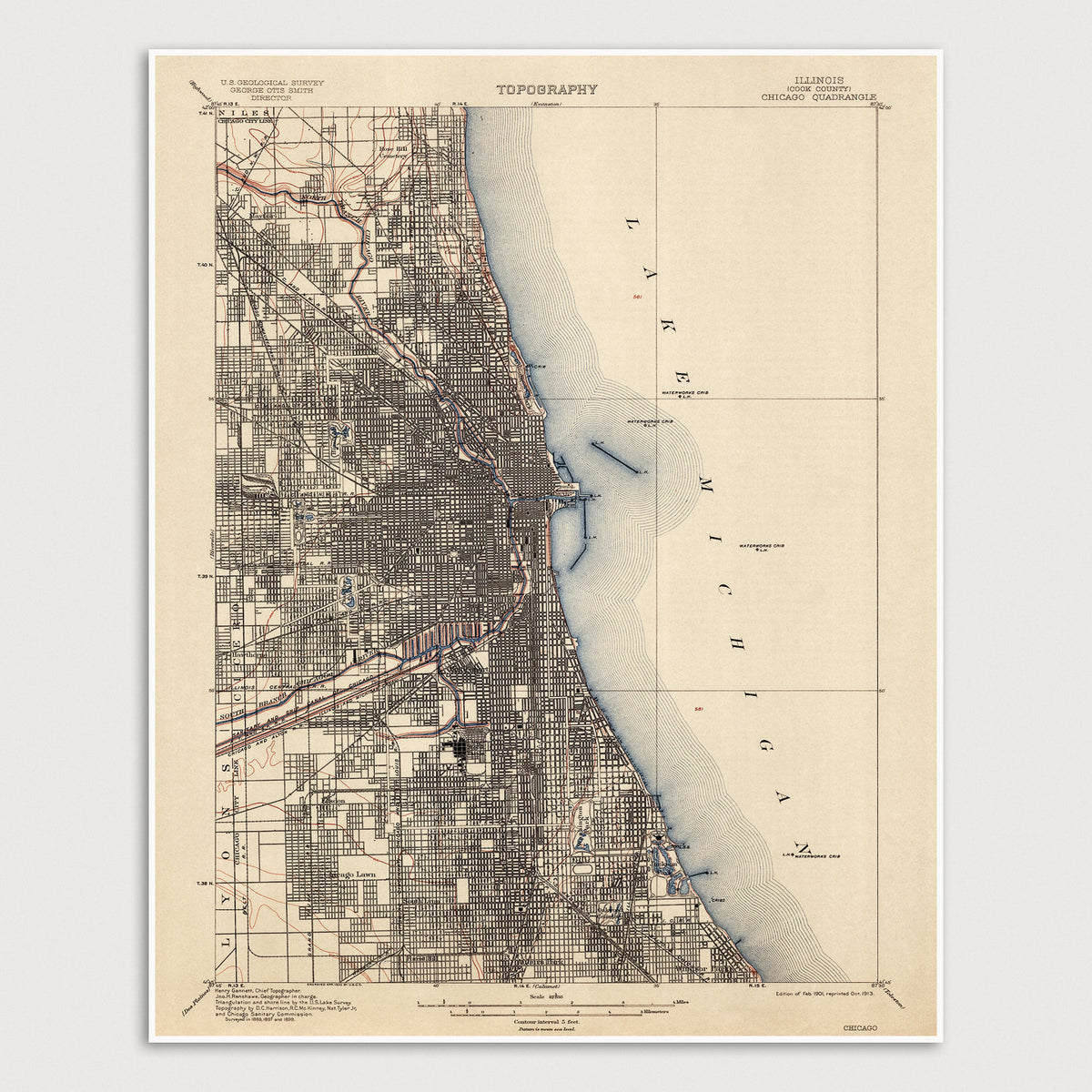 Chicago, Illinois USGS Topographic Map (1901) – Blue Monocle Maps