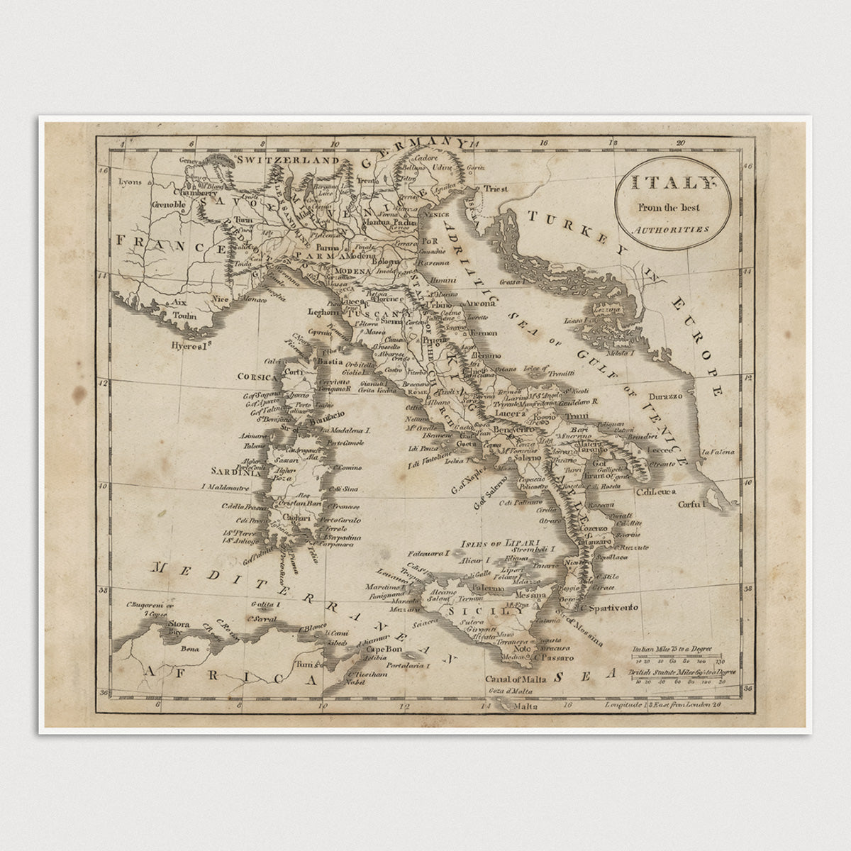 Italy Antique Map Art Print (1816) – Blue Monocle Maps