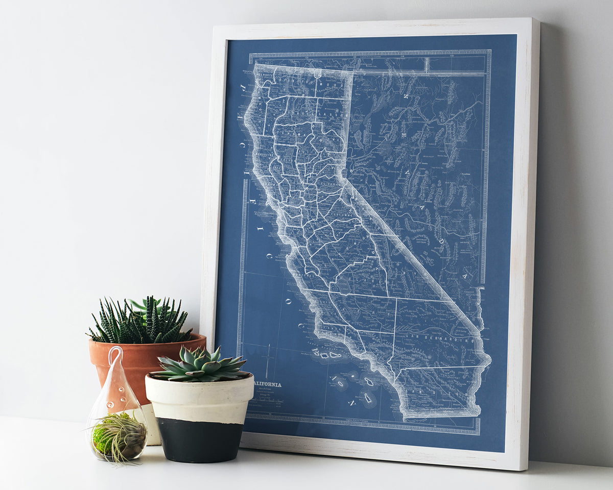 California Vintage Map Print in Blue – Blue Monocle Maps