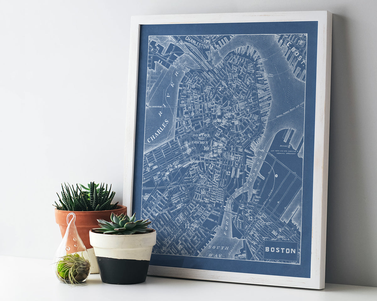 Boston Vintage Map Art Print in Blue – Blue Monocle Maps